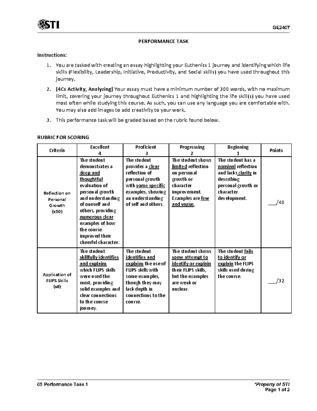 GE 2407 - Performance Task 1: Euthenics 1 Journey Reflection Essay ...