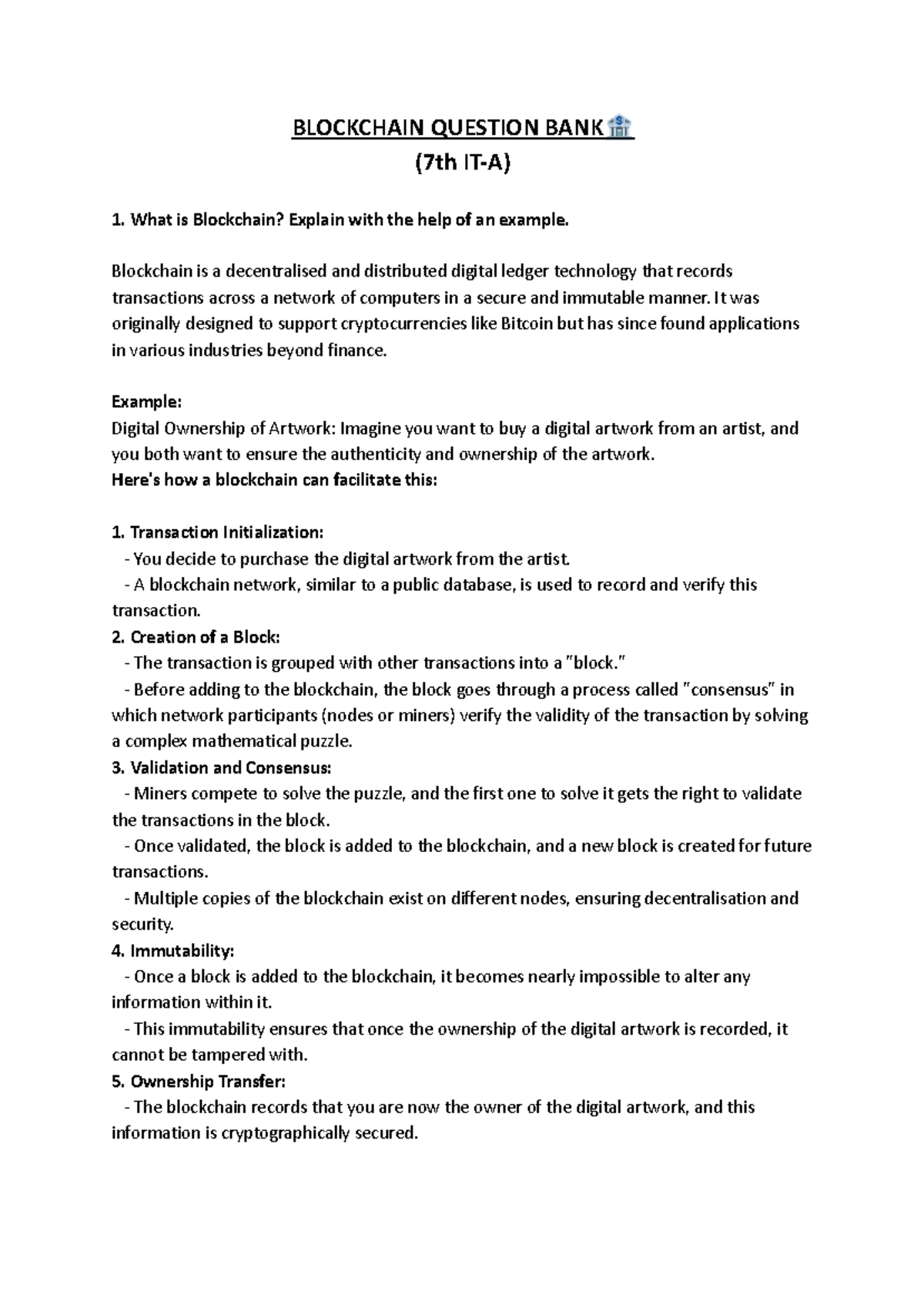 Blockchain Question Bank (7th IT-A): Exam Prep & Study Guide - Studocu