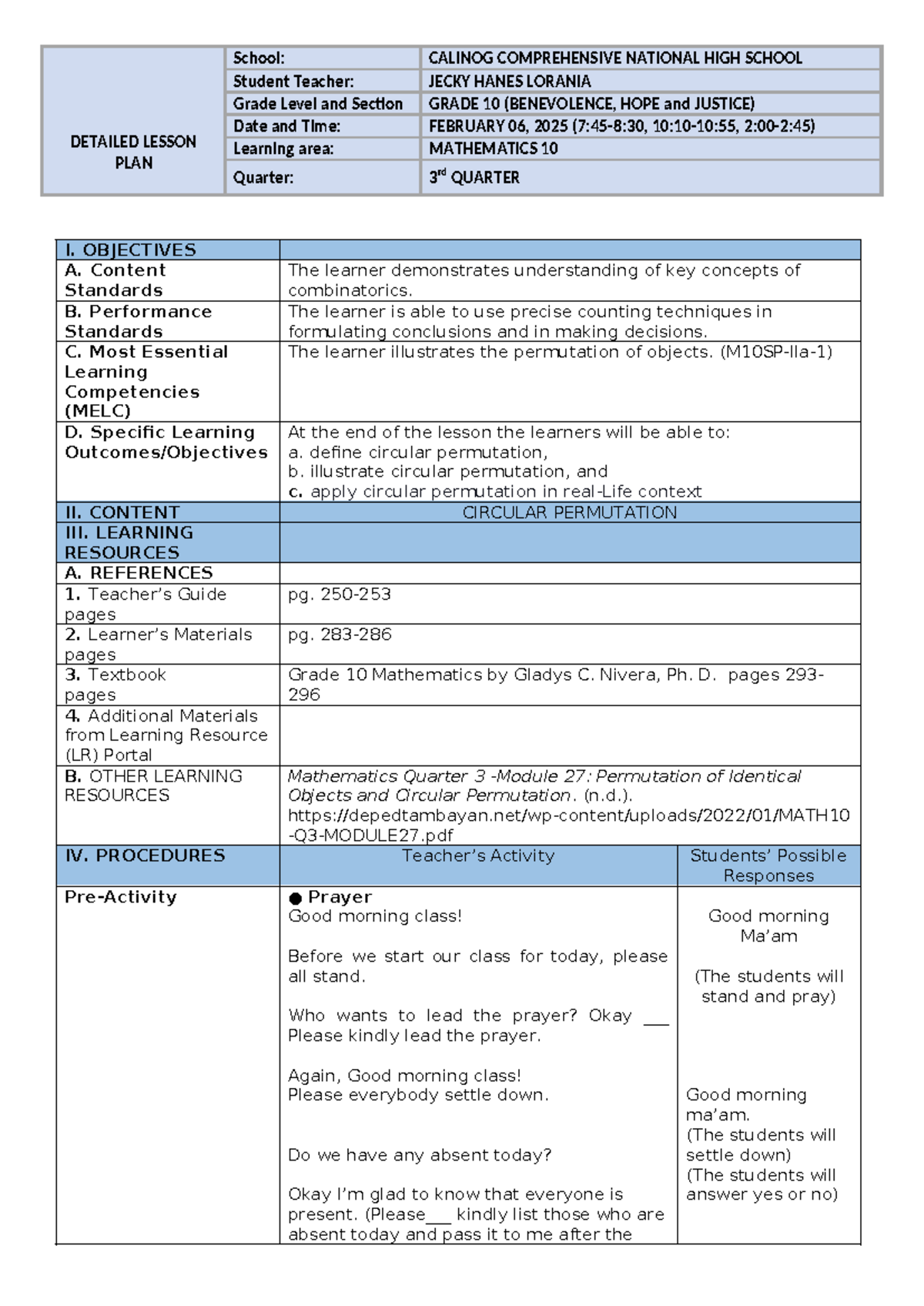 Grade 10 Mathematics Lesson Plan: Circular Permutation (3rd Quarter ...