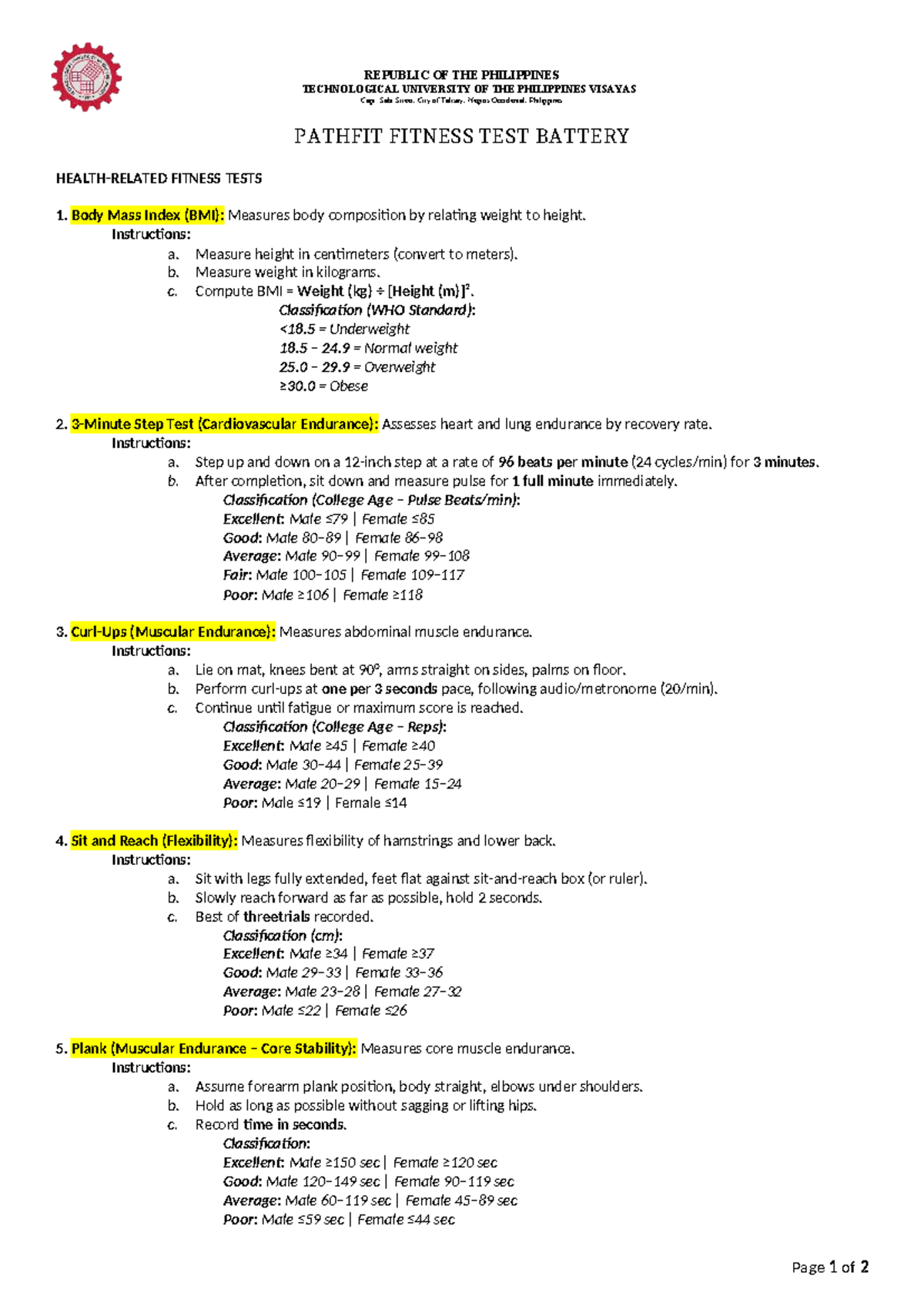 PathFit 1: Fitness Test Battery & Classifications Guide - Studocu