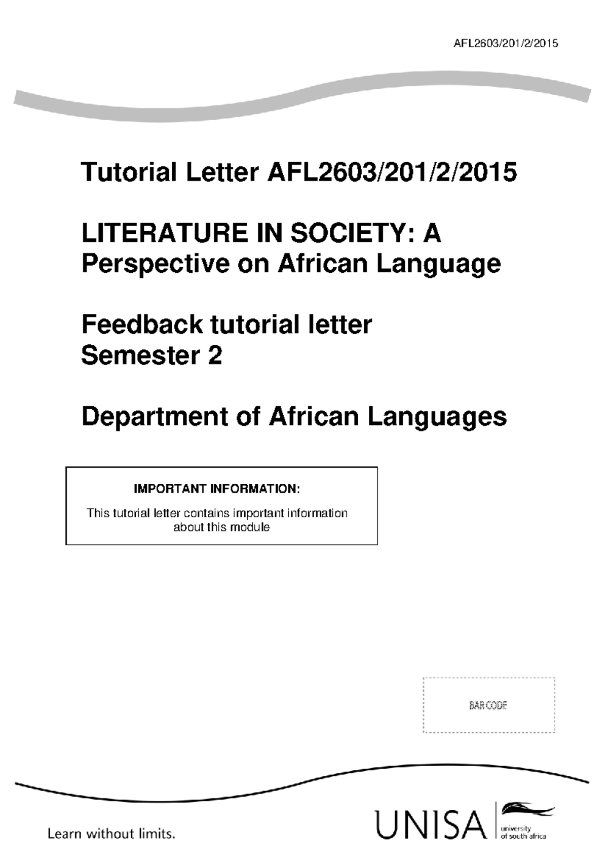 AFL 2603 Feedbck-1 - AFL2603 - AFL2603/201/2/ Tutorial Letter AFL2603/201/2/ LITERATURE IN ...