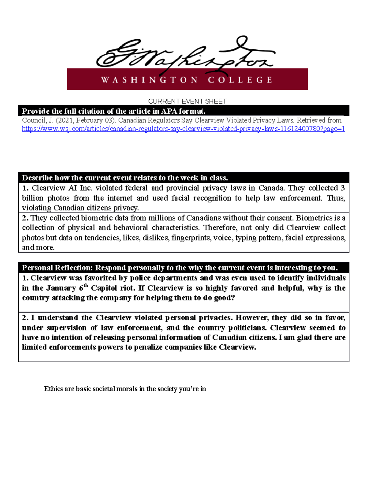Current Event Sheet - Ethics 1 - CURRENT EVENT SHEET Provide the full ...