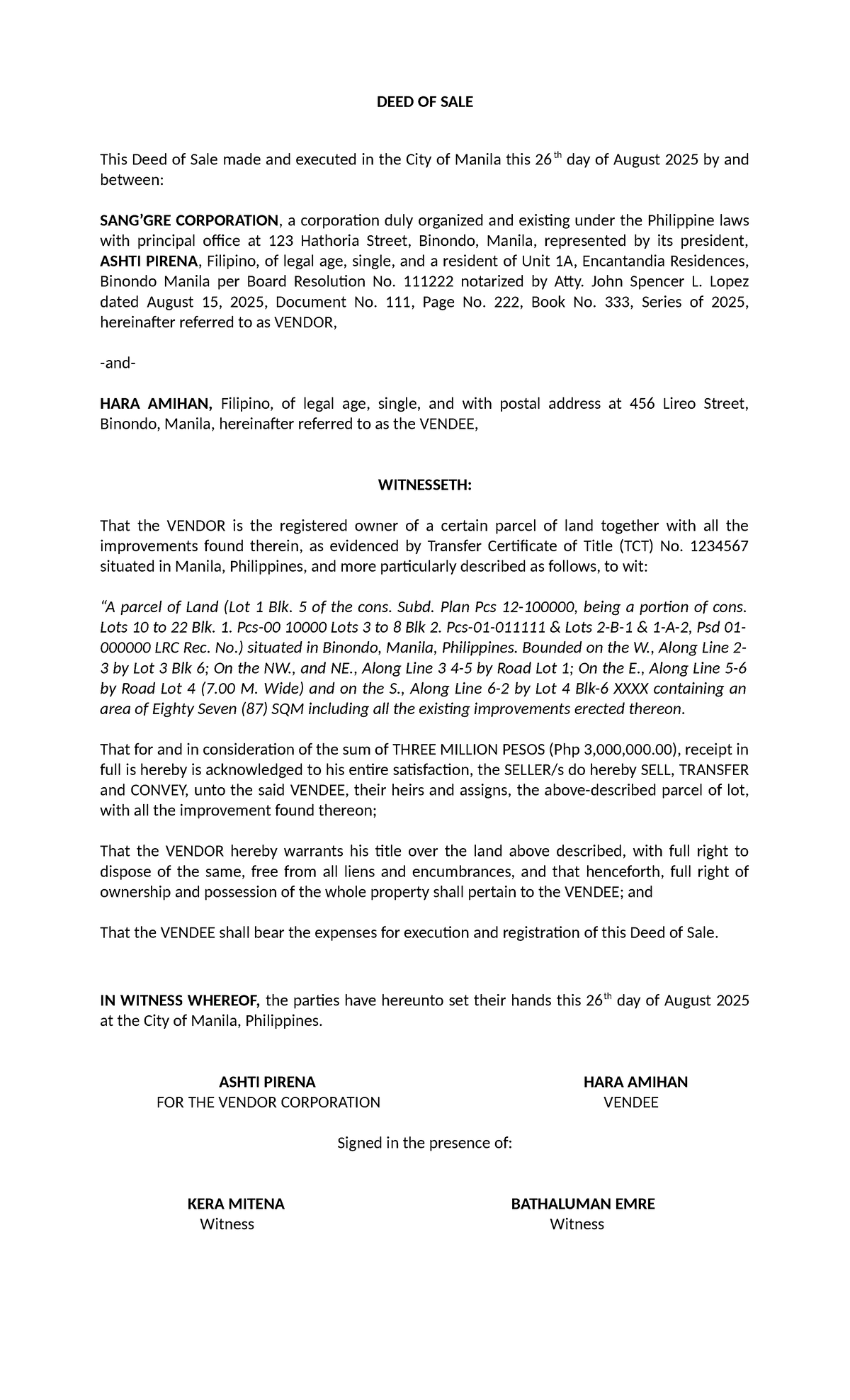 Deed of Sale - Legal Form for Property Transfer in Manila - Studocu