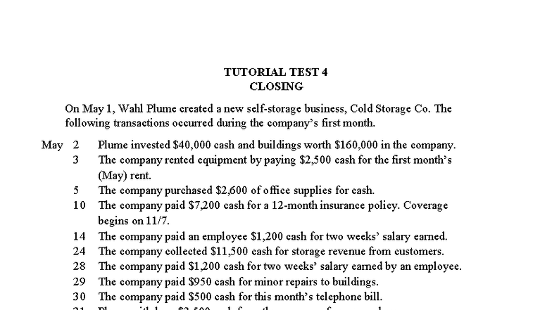 Tutorial Test 4: Journal Entries & Adjustments for Cold Storage Co ...