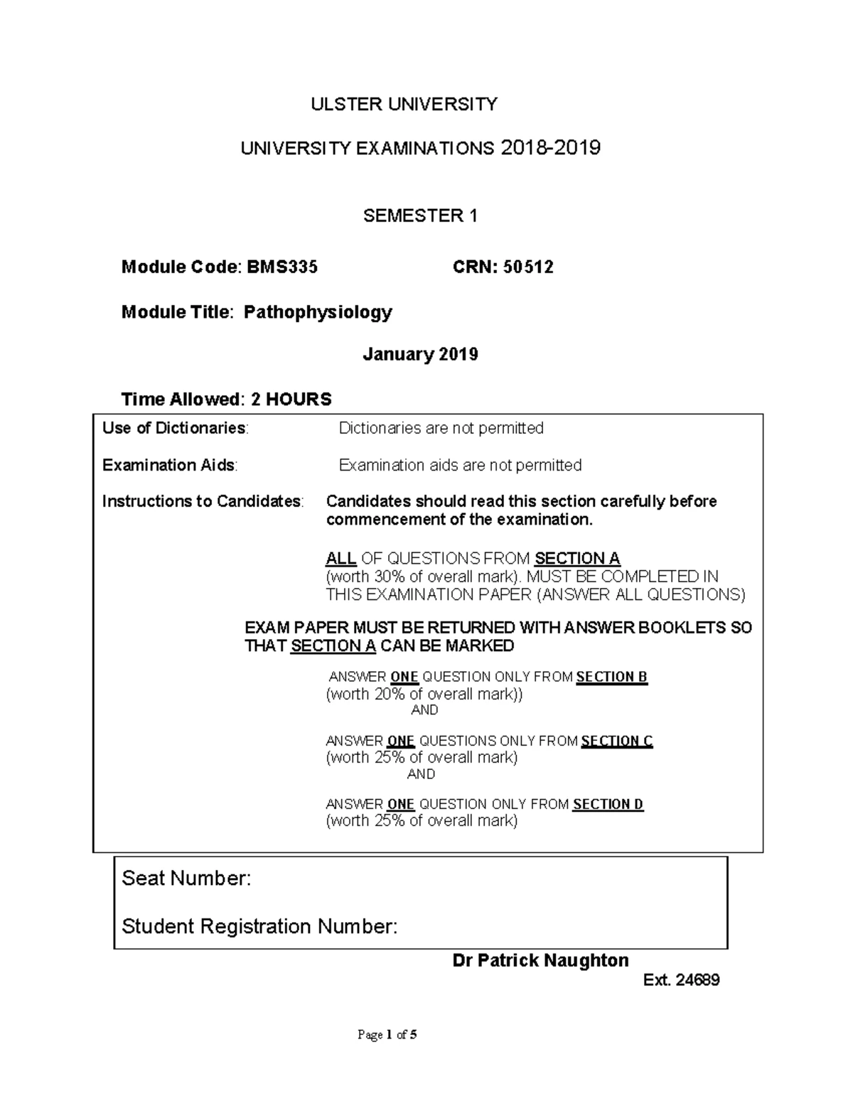 Past Paper Exam - ULSTER UNIVERSITY UNIVERSITY EXAMINATIONS 2018 ...