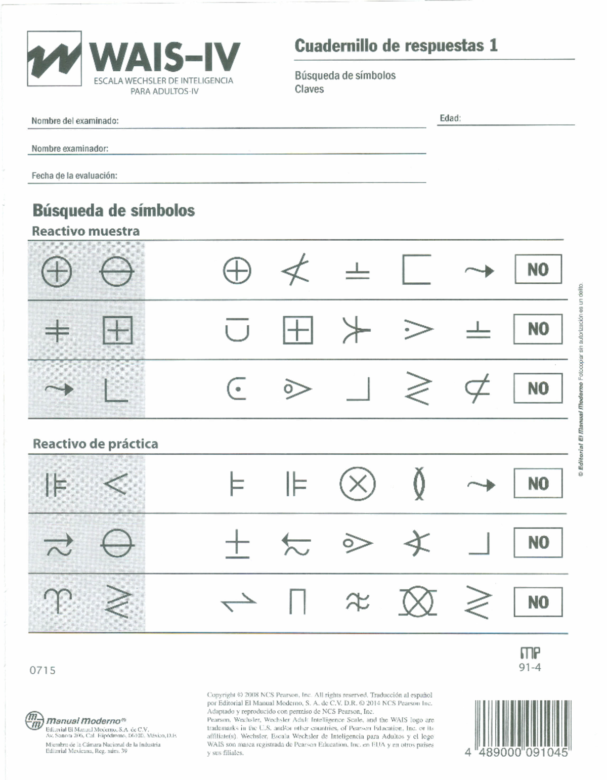 Busqueda DE Simbolos Y Claves WAIS IV - Cuadernillo de respuestas 1 ...