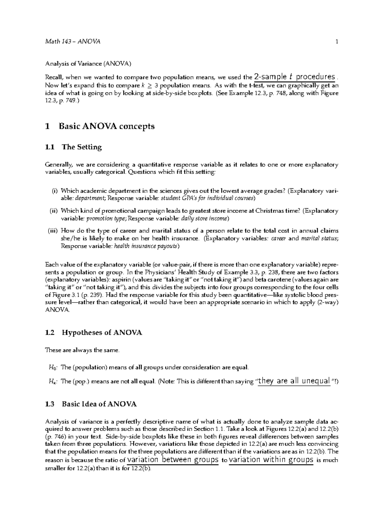 Math 143 ANOVA 1: Analysis of Variance Concepts and Examples - Studocu