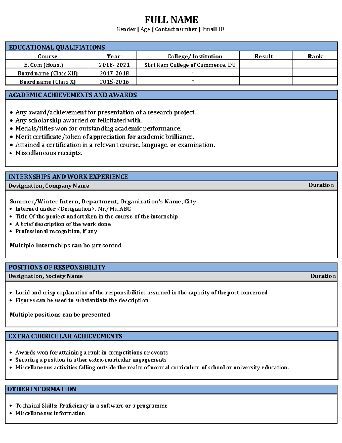CV Format 1 - great - FULL NAME Gender | Age | Contact number | Email ...