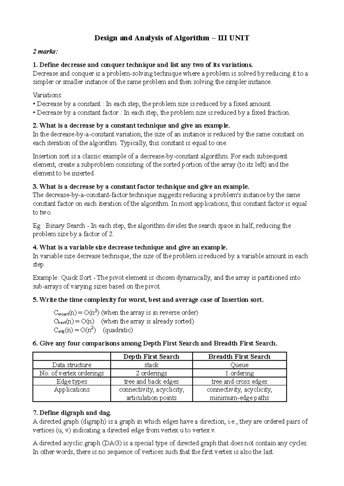 DAA - III Unit Questions Bank and Study Guide - Studocu