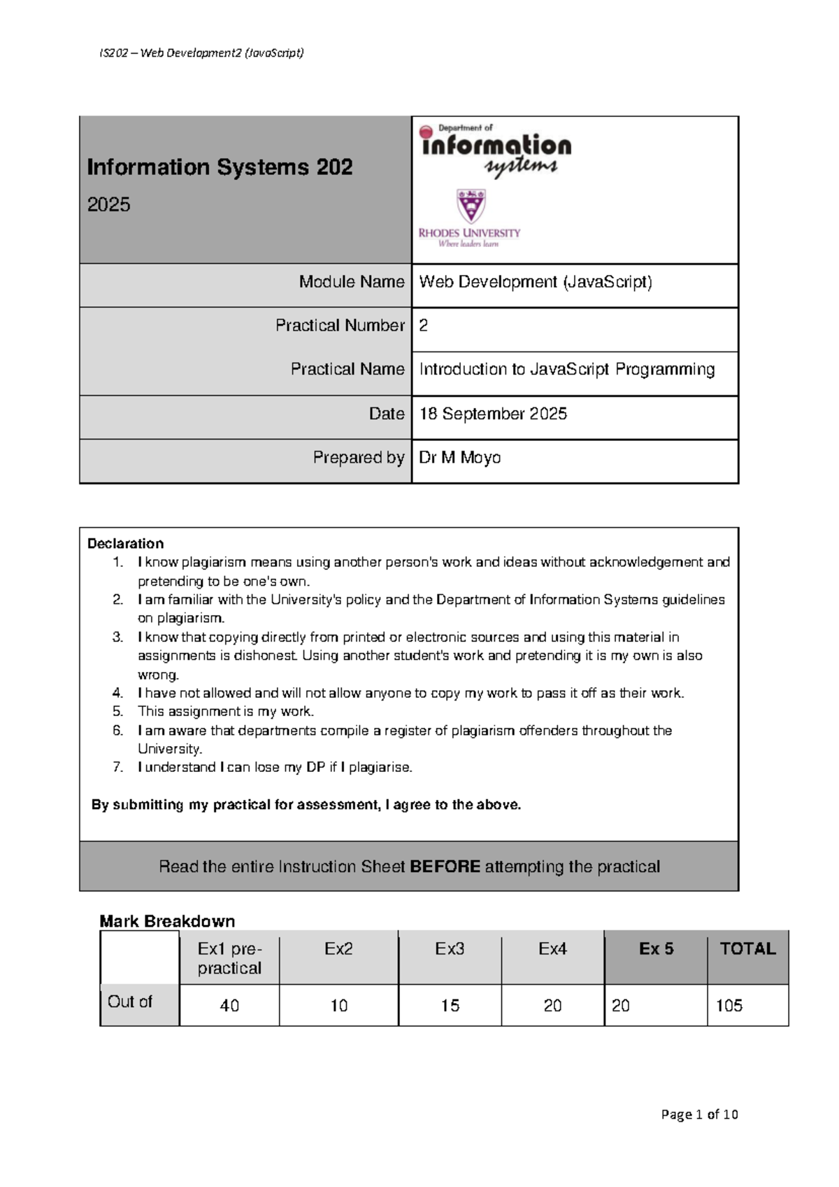 IS202 Web Development2 (JavaScript) Practical 2: Intro to JS ...