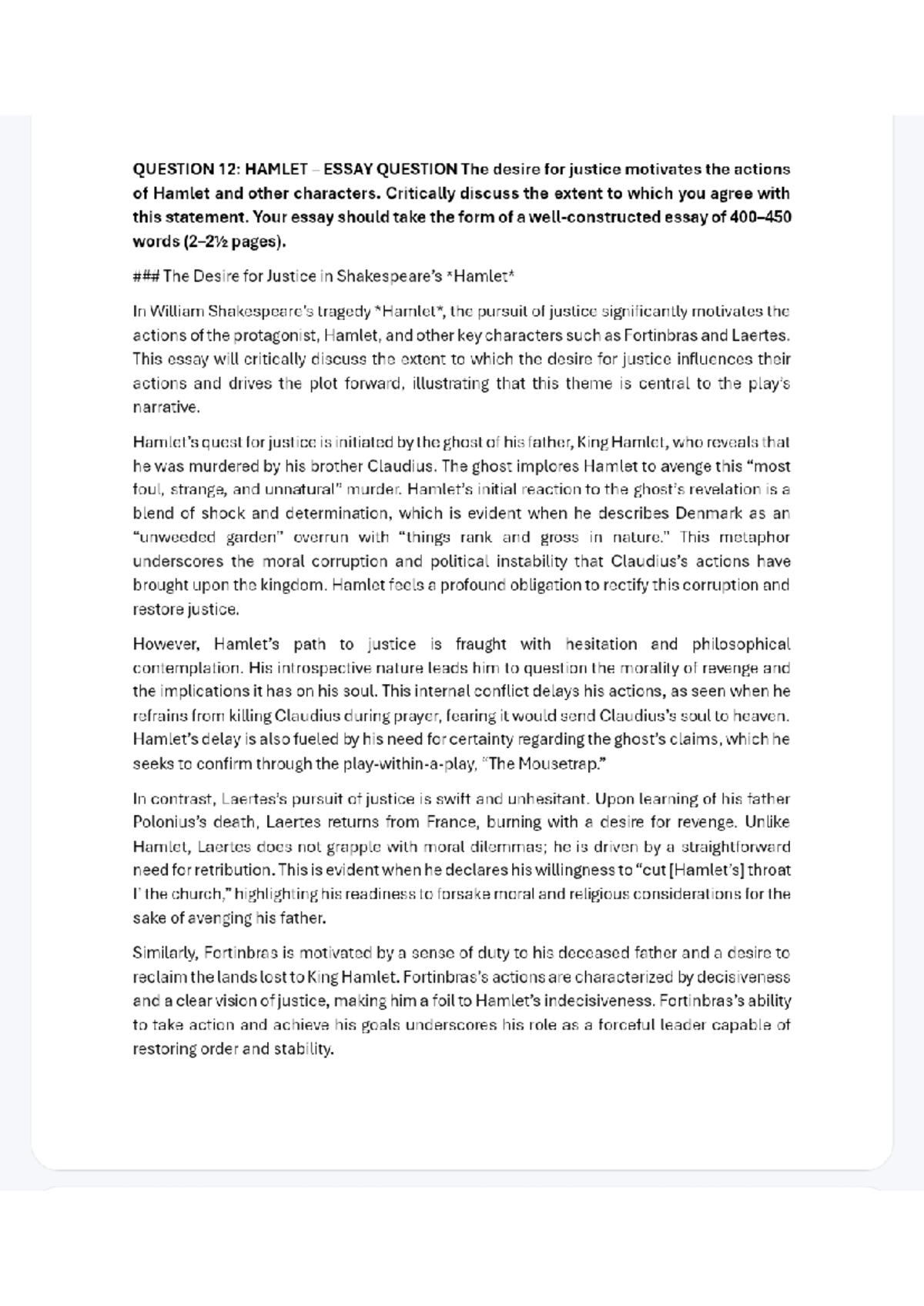 202586 - Hamlet Essay: The Pursuit of Justice in the Tragedy - Studocu