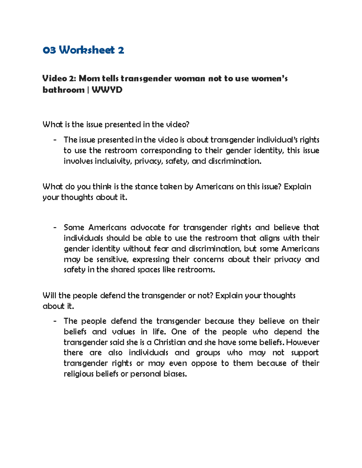 03 Worksheet 2 - Transgender Rights and Restroom Controversy - Studocu