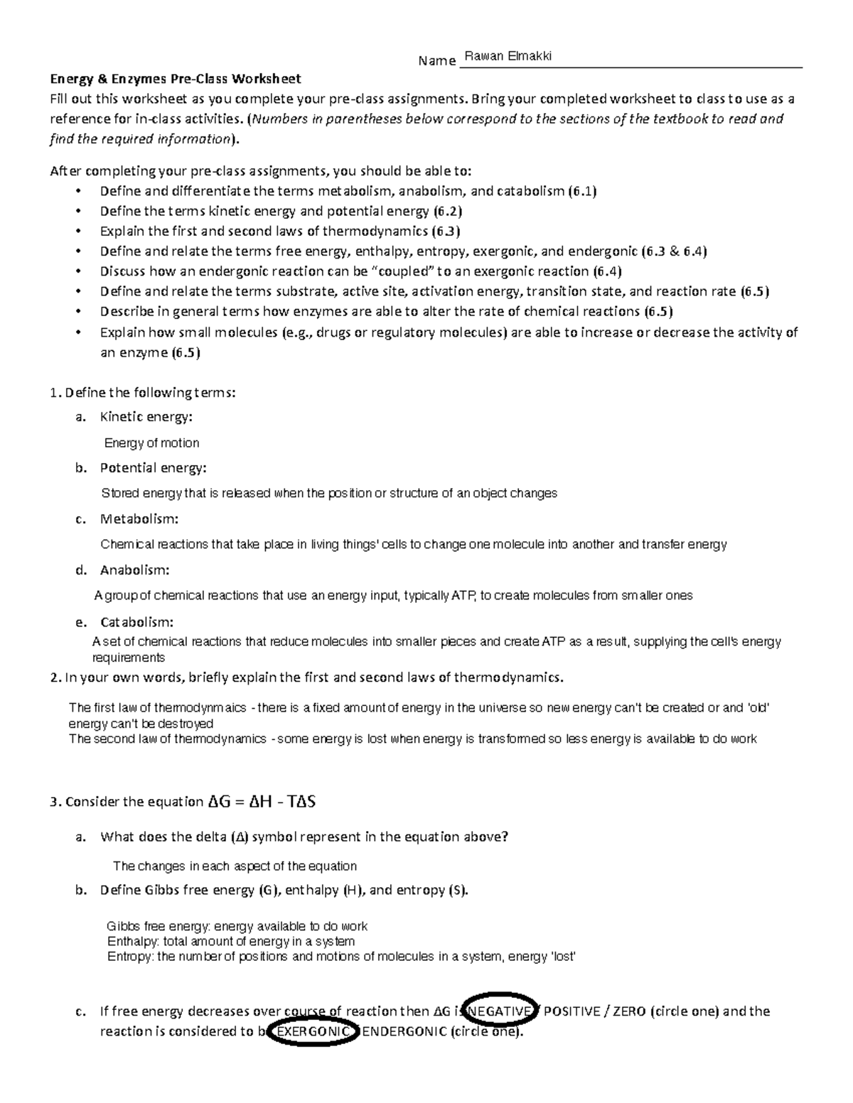 Week 3a Energy & Enzymes Pre-Class Worksheet (Sample Questions) - Studocu