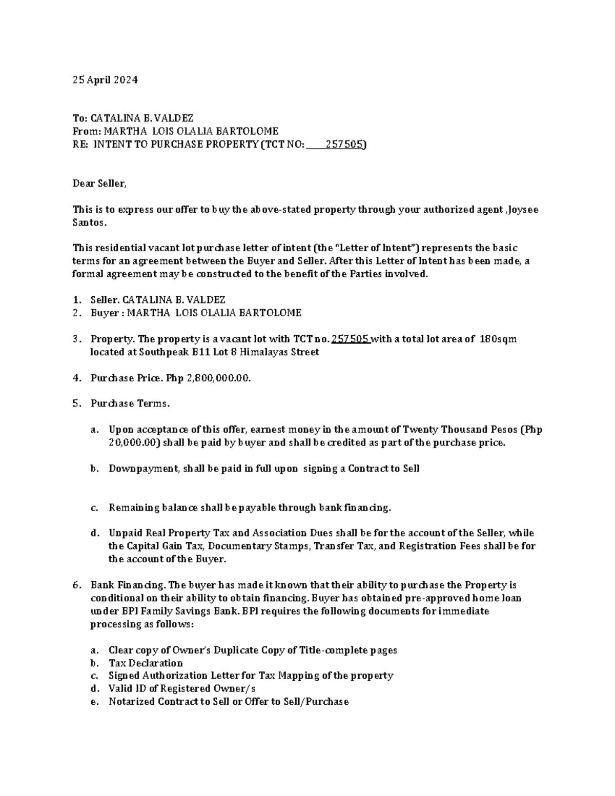 LOI - Sample Letter of Intent for Bank Financing Purchase Offer - Studocu