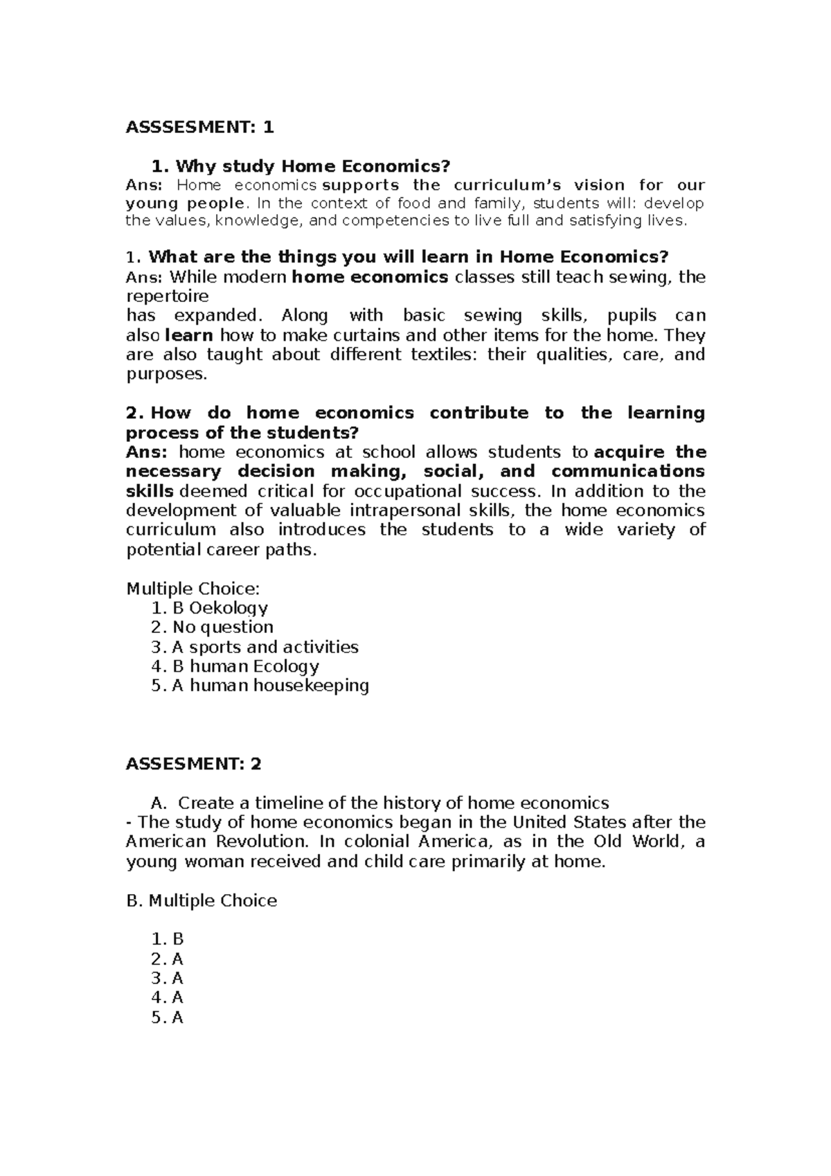 Home Economics Activity Guide - ASSSESMENT: 1 1. Why study Home ...