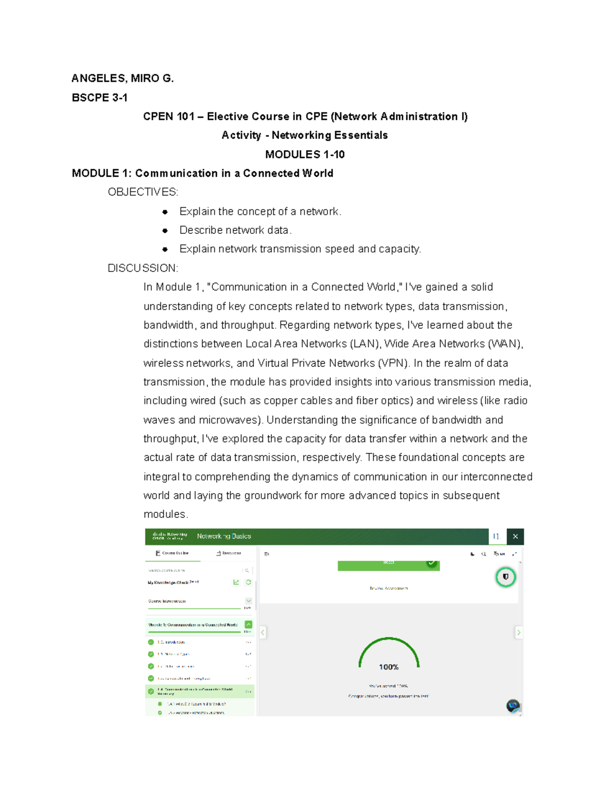 Networking Essentials - ANGELES, MIRO G. BSCPE 3- CPEN 101 – Elective Course in CPE (Network ...