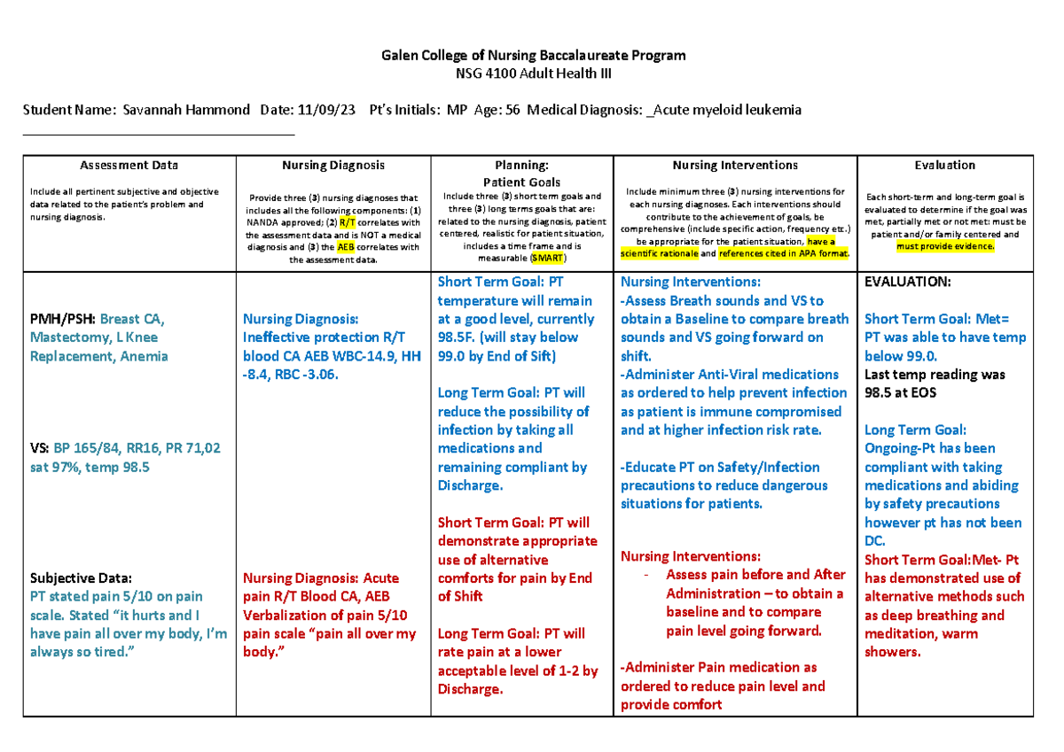 NSG 4100 Adult Health III: Concept Map for Acute Myeloid Leukemia Care ...