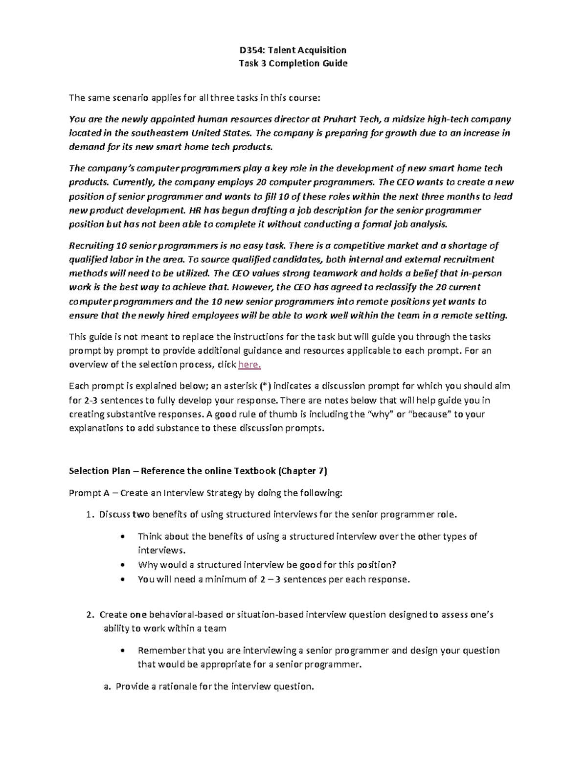 D354 Task 3: Talent Acquisition Guide for Senior Programmer Role - Studocu