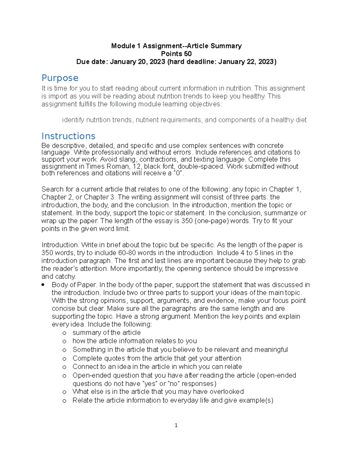 KINS 3010 Module 1 Assignment - Article Summary on Nutrition Trends ...