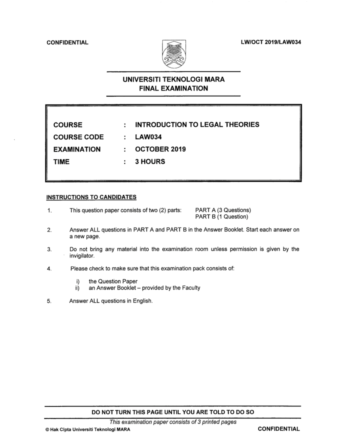 Final Exam LAW034: Introduction to Legal Theories LW/OCT 2019 - Studocu