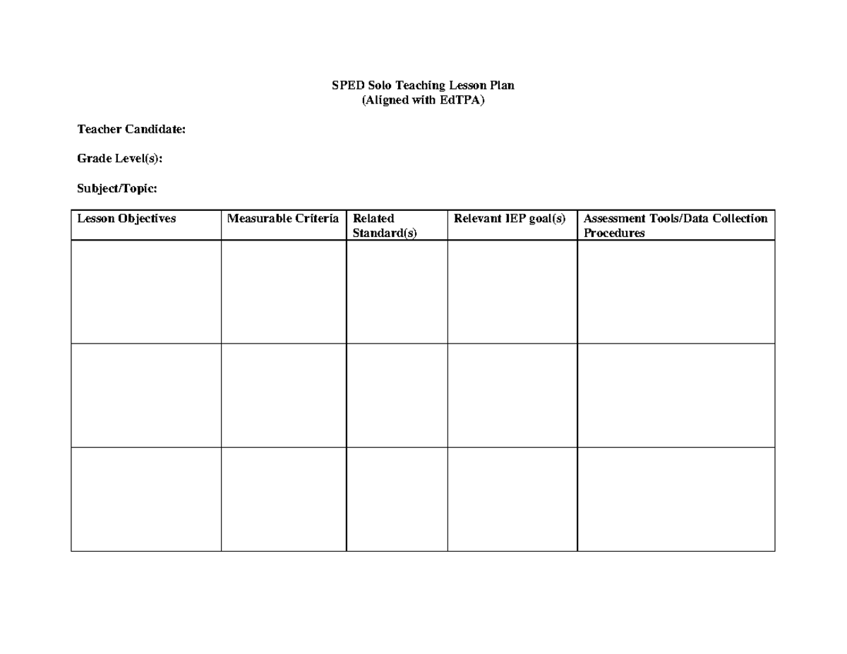 SPED 101 Solo Teaching Lesson Plan (EdTPA Aligned) - Studocu