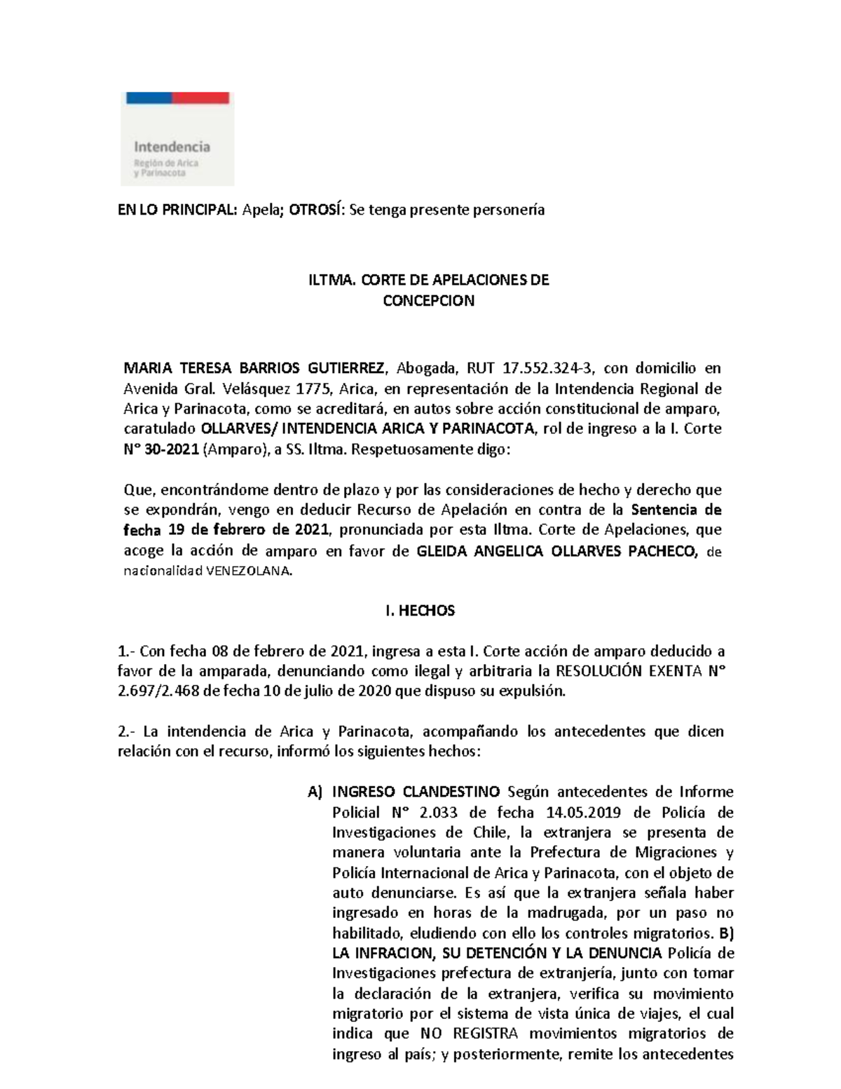 Apelación de Amparo: Intendencia Arica y Parinacota - Gleida Ollarves ...