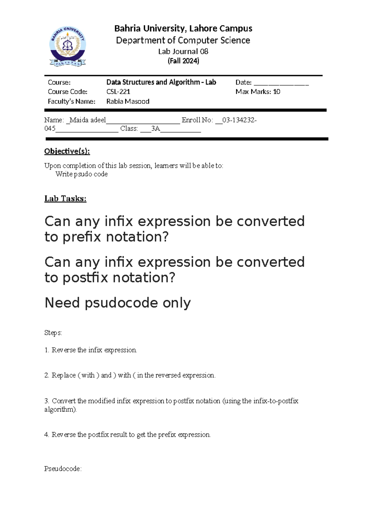 CSL-221 Lab Journal: Pseudocode for Infix to Prefix/Postfix Conversions ...