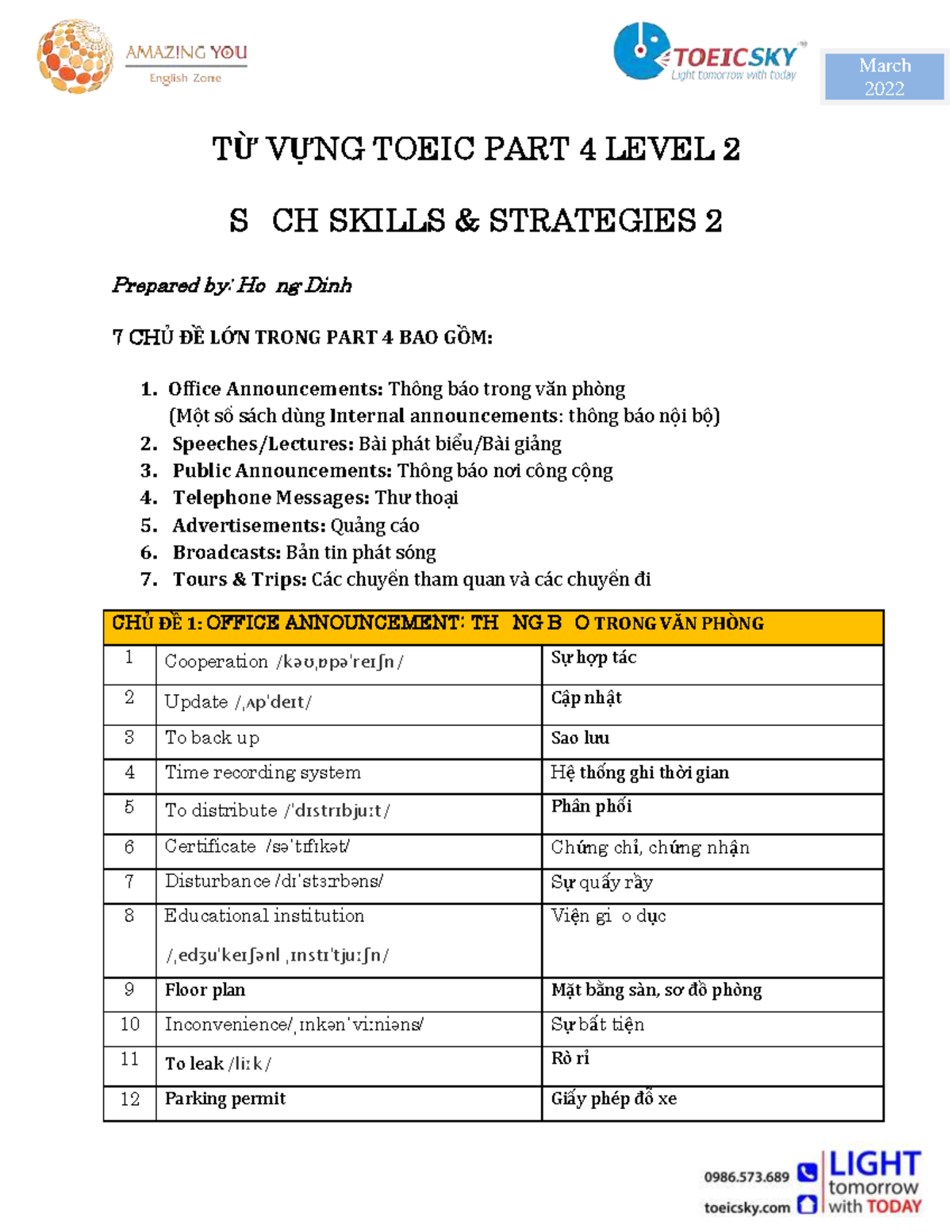 Từ Vựng TOEIC PART 4 Level 2 - March 2022: Chi Tiết và Chủ Đề - Studocu