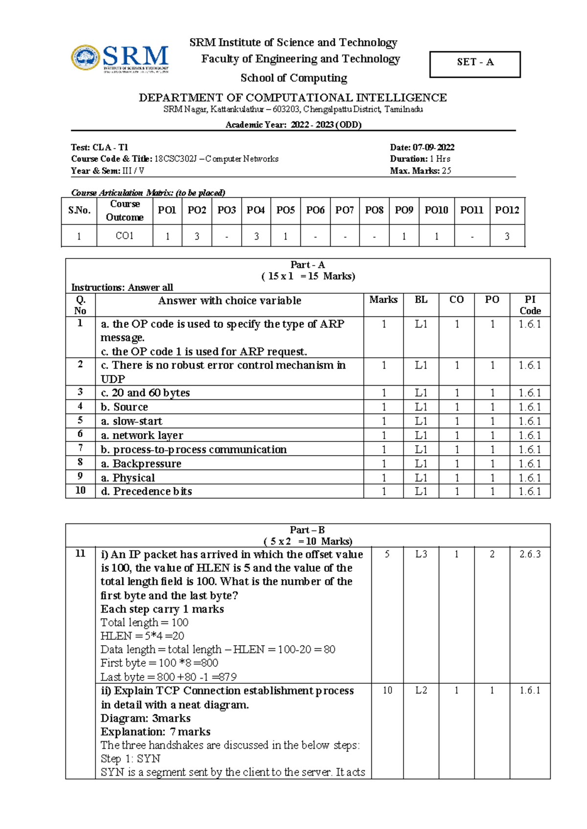 CTI-Answer Key SETA - CT 1-SRM computer network previous year paper solution - SRM Institute of ...
