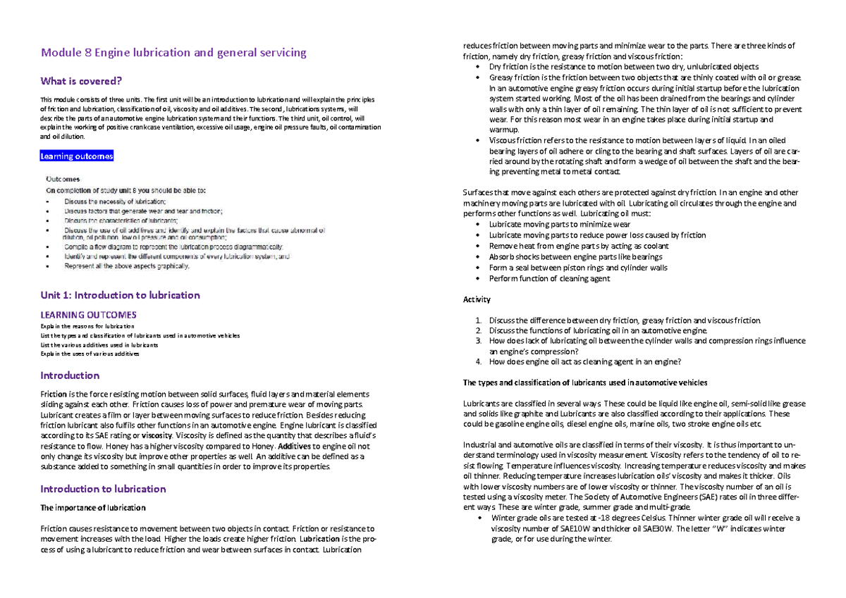 Module 8: Engine Lubrication Systems and Oil Control Mechanisms - Studocu