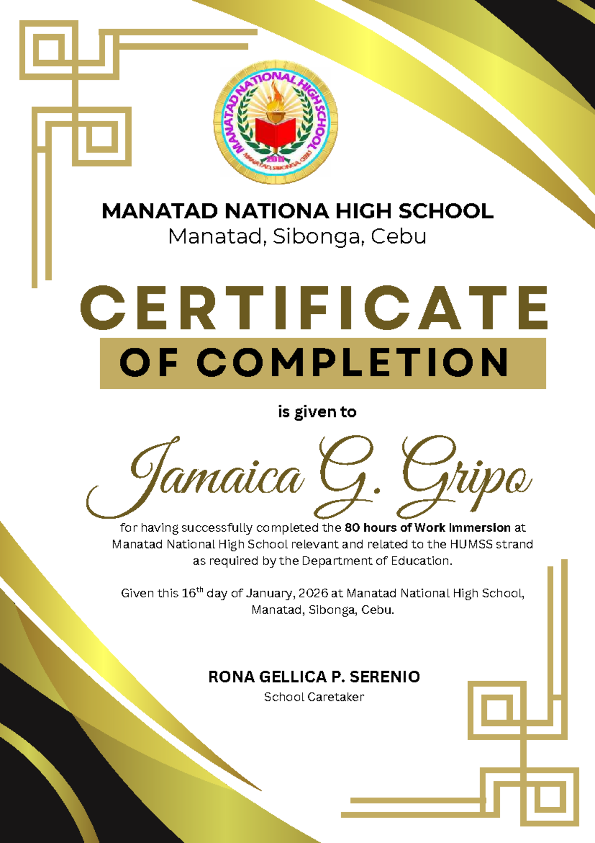 HUMSS Work Immersion Certificate of Completion - Manatad High School ...