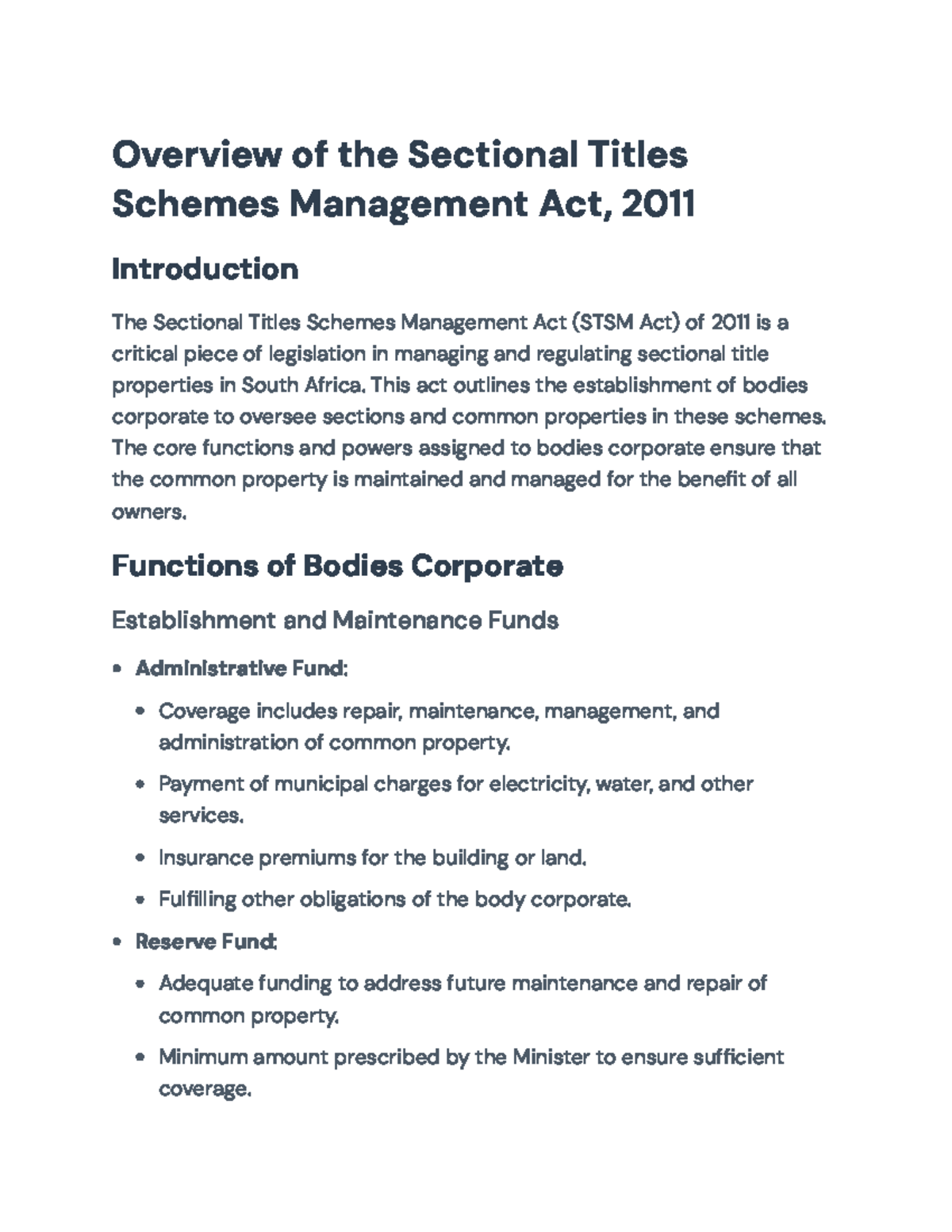 Overview of the Sectional Titles Schemes Management Act, 2011 ...