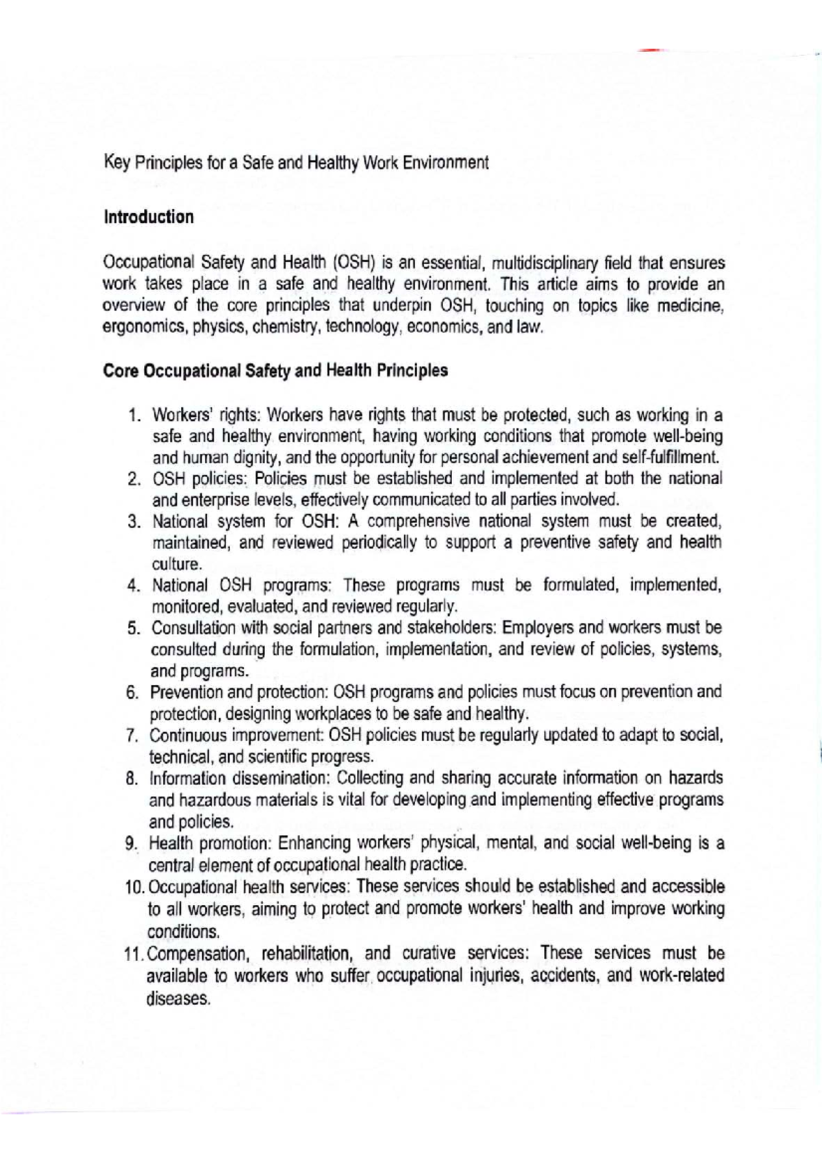 Basic OSH Principles for a Safe and Healthy Work Environment - Studocu
