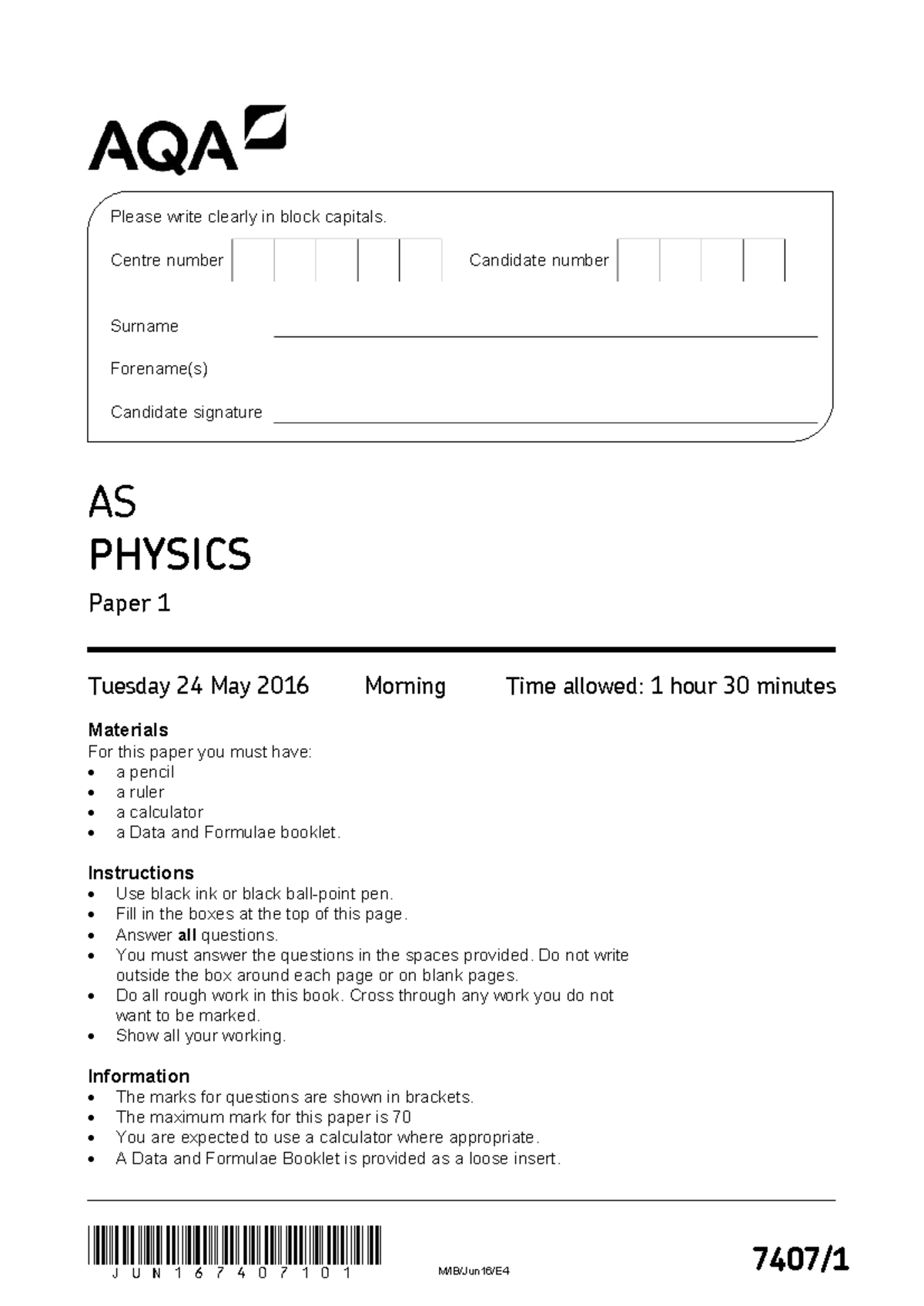 AQA AS Physics Paper 1 Exam - June 2016 - Studocu