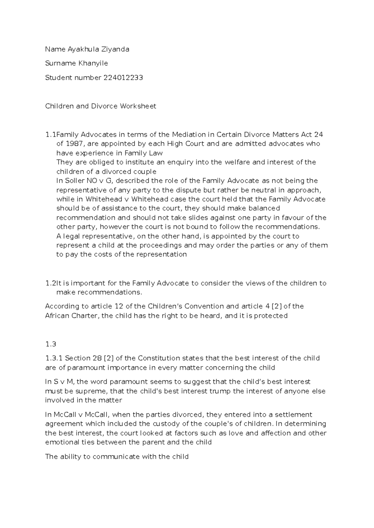 Children and Divorce Worksheet: Family Advocates & Legal Representation ...