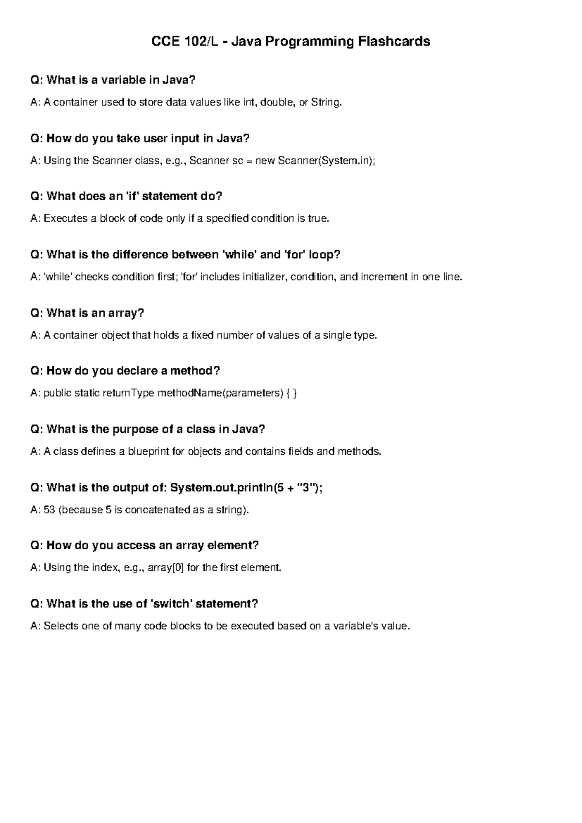 CCE102L Java Programming Flashcards: Key Concepts & Definitions - Studocu