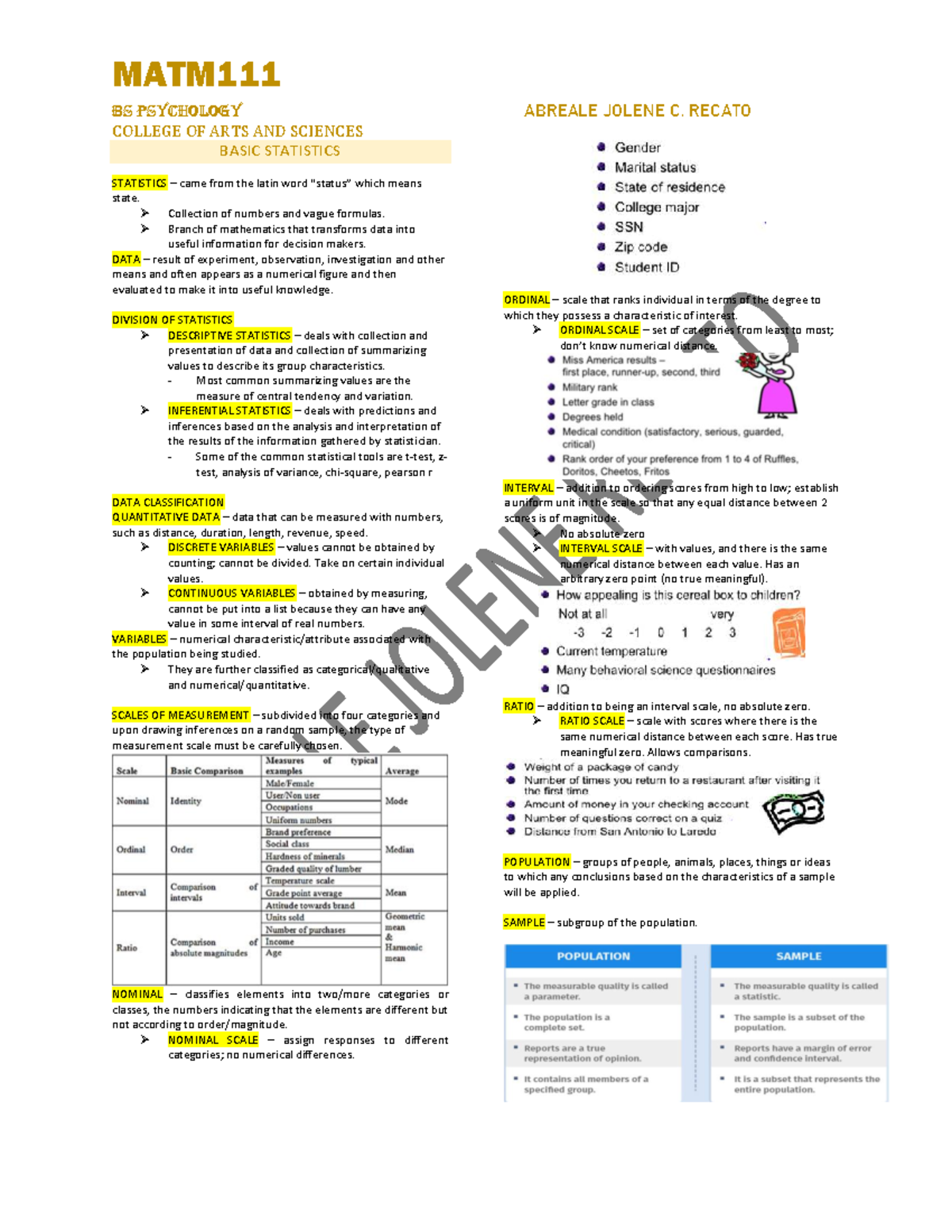 MATM 111 - Basic Statistics Overview and Key Concepts - Studocu