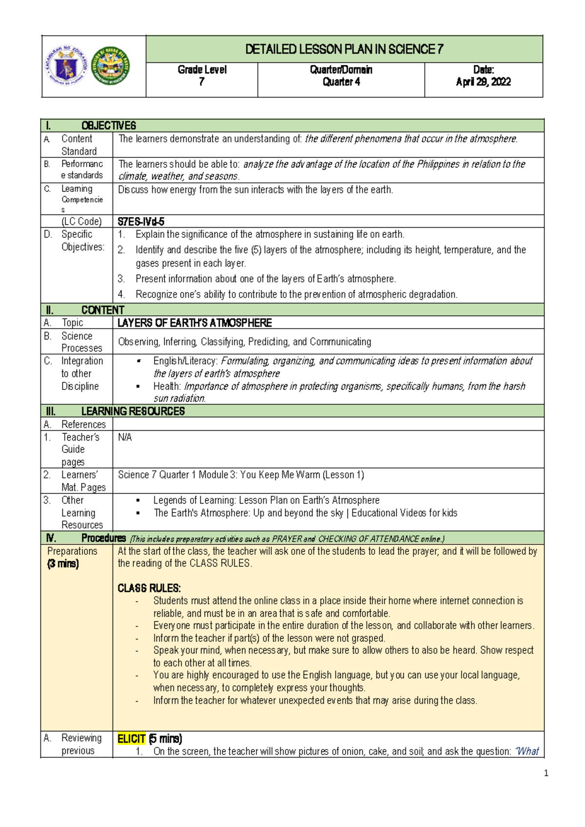 Science 7 Detailed Lesson Plan: Layers of the Atmosphere - Studocu
