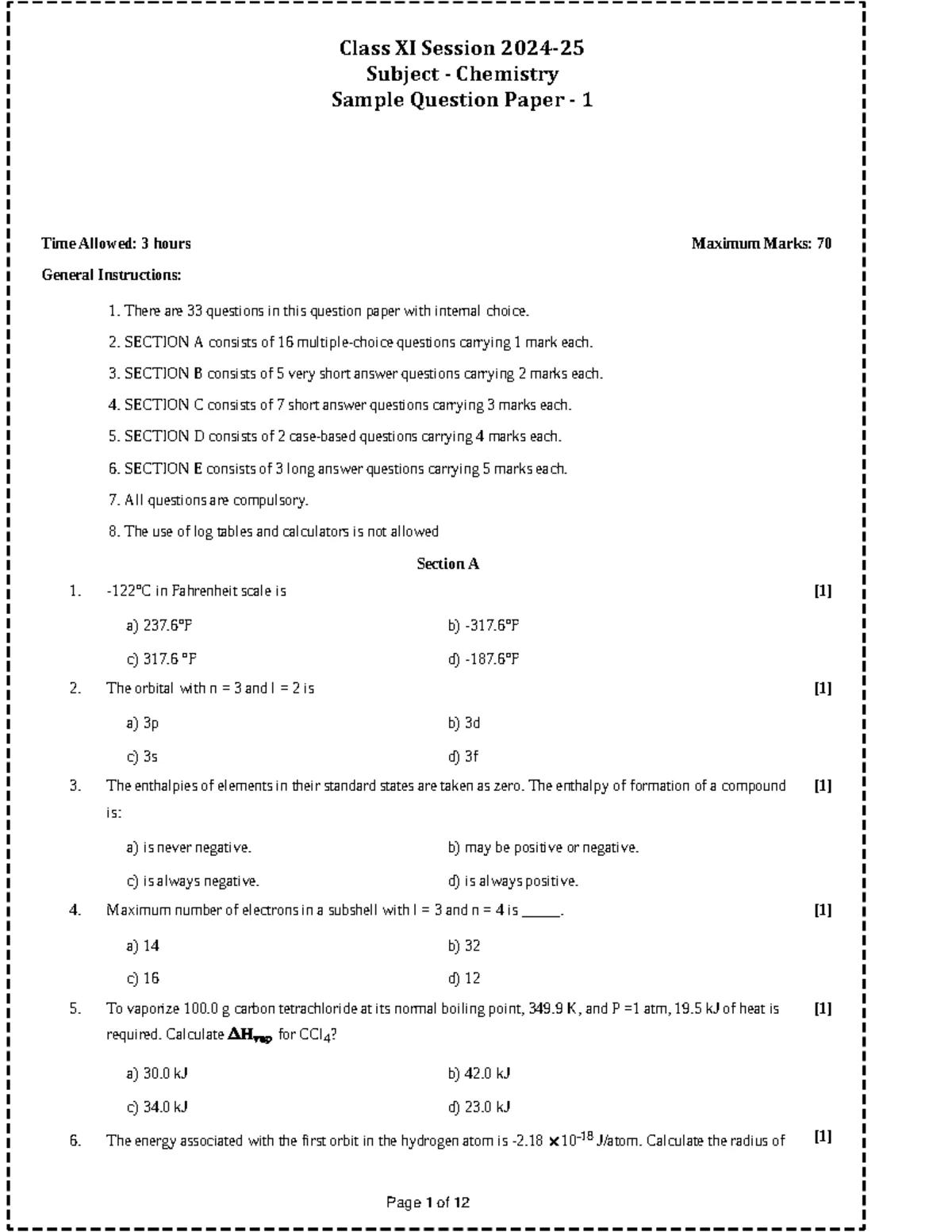 Class XI Chemistry Sample Question Paper 2 - 3 Hours, 70 Marks - Studocu