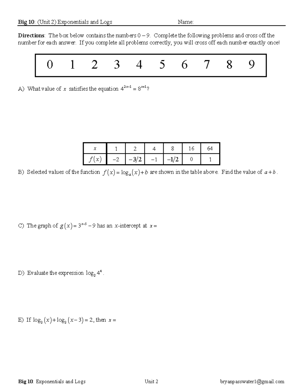Big 10 Unit 2: Exponentials and Logarithms Practice Problems - Studocu