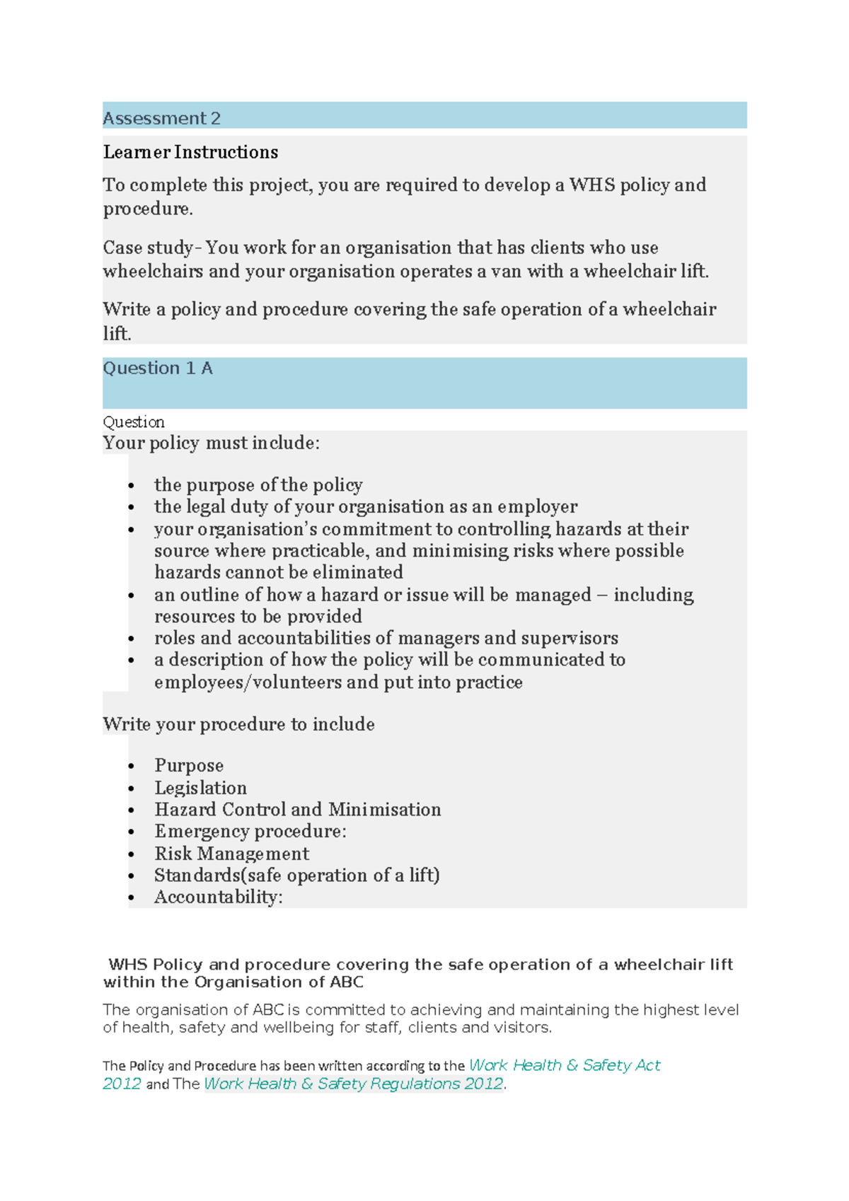 Hltwhs 004 Assessment 2: WHS Policy & Procedure for Wheelchair Lift ...