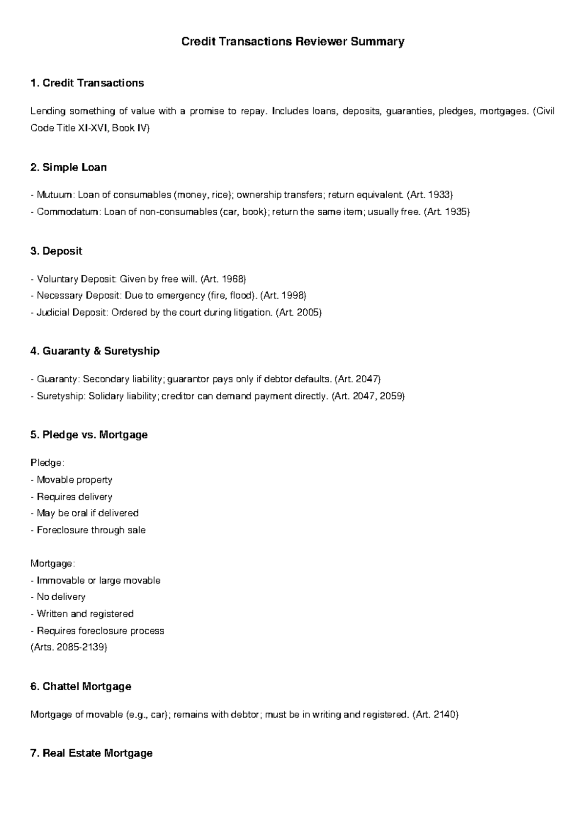 Credit Transactions Reviewer Summary: Key Concepts & Definitions - Studocu