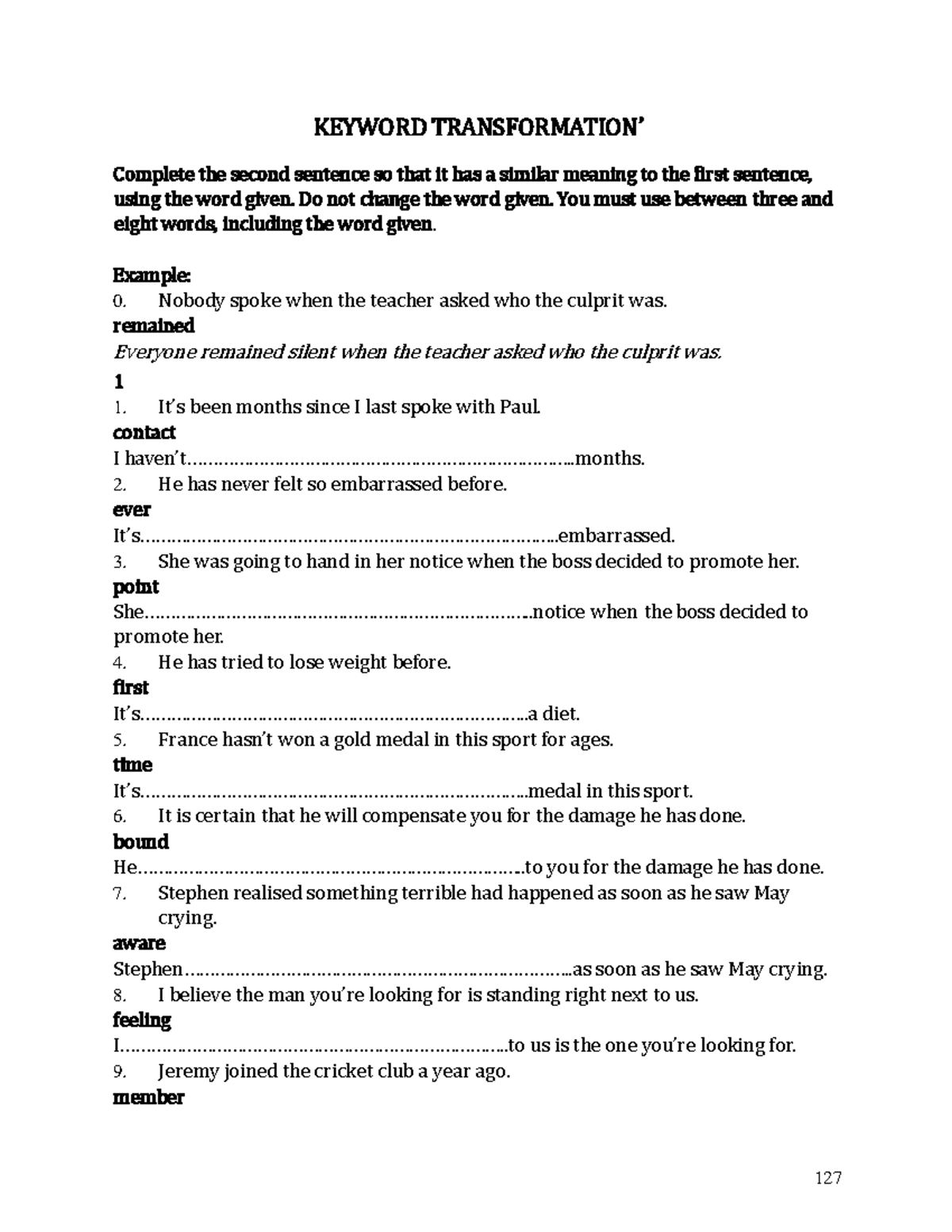 Keyword Sentence Transformation Exercise (ENG 101) - Studocu