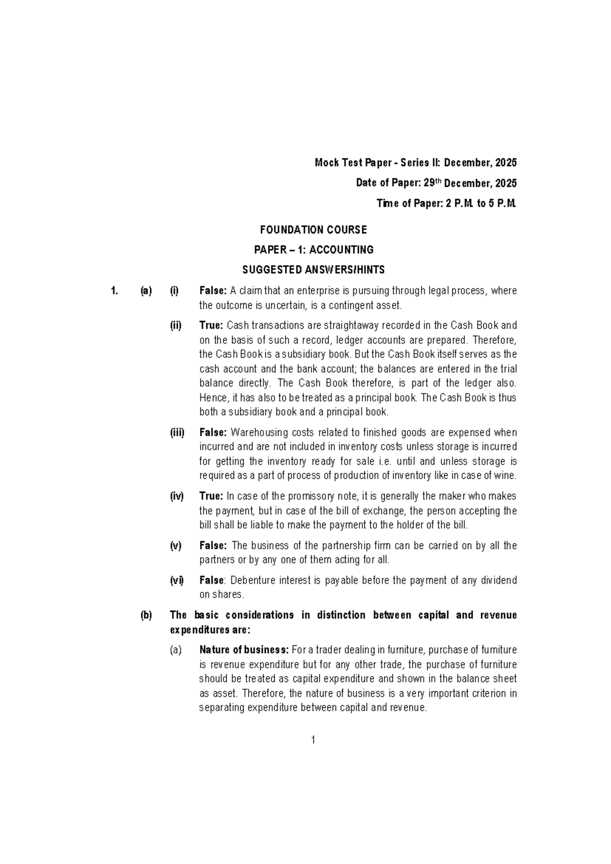 Mock Test Paper Series II: Accounting Foundation Course Paper 1 - Studocu