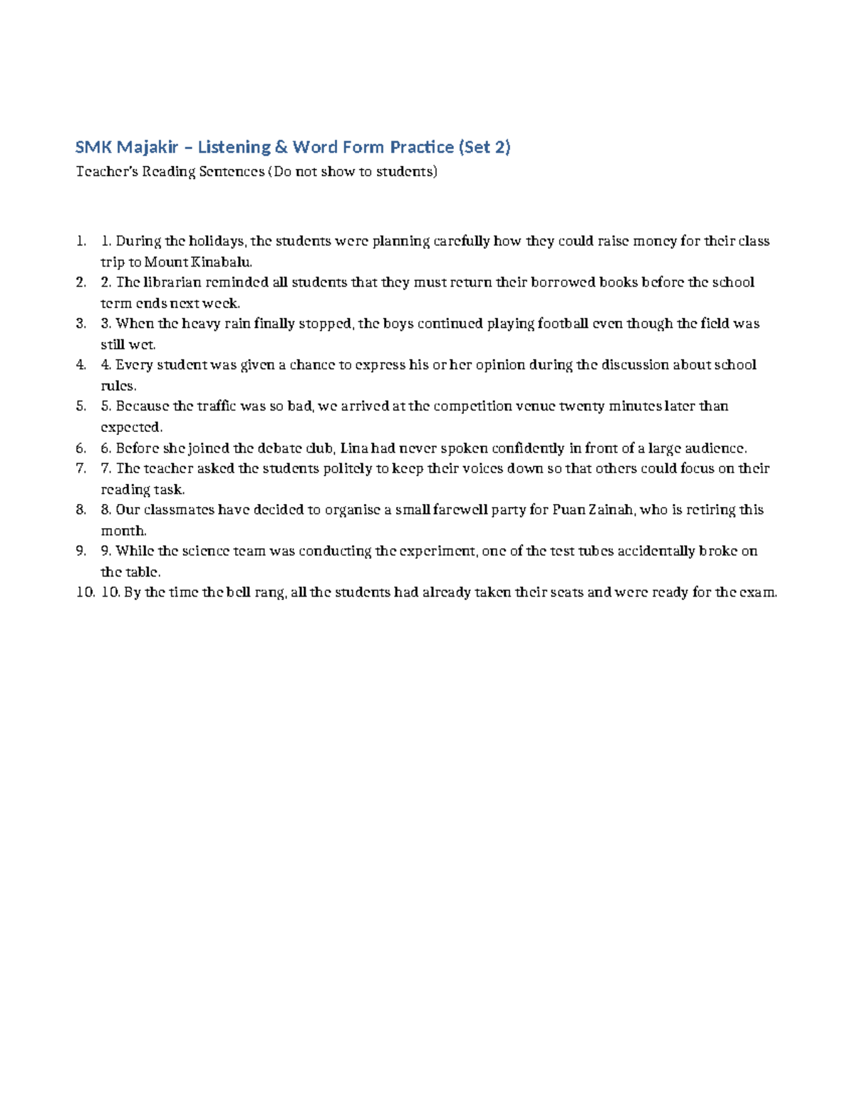 Listening Word Form Practice Set 2 - SMK Majakir - Studocu