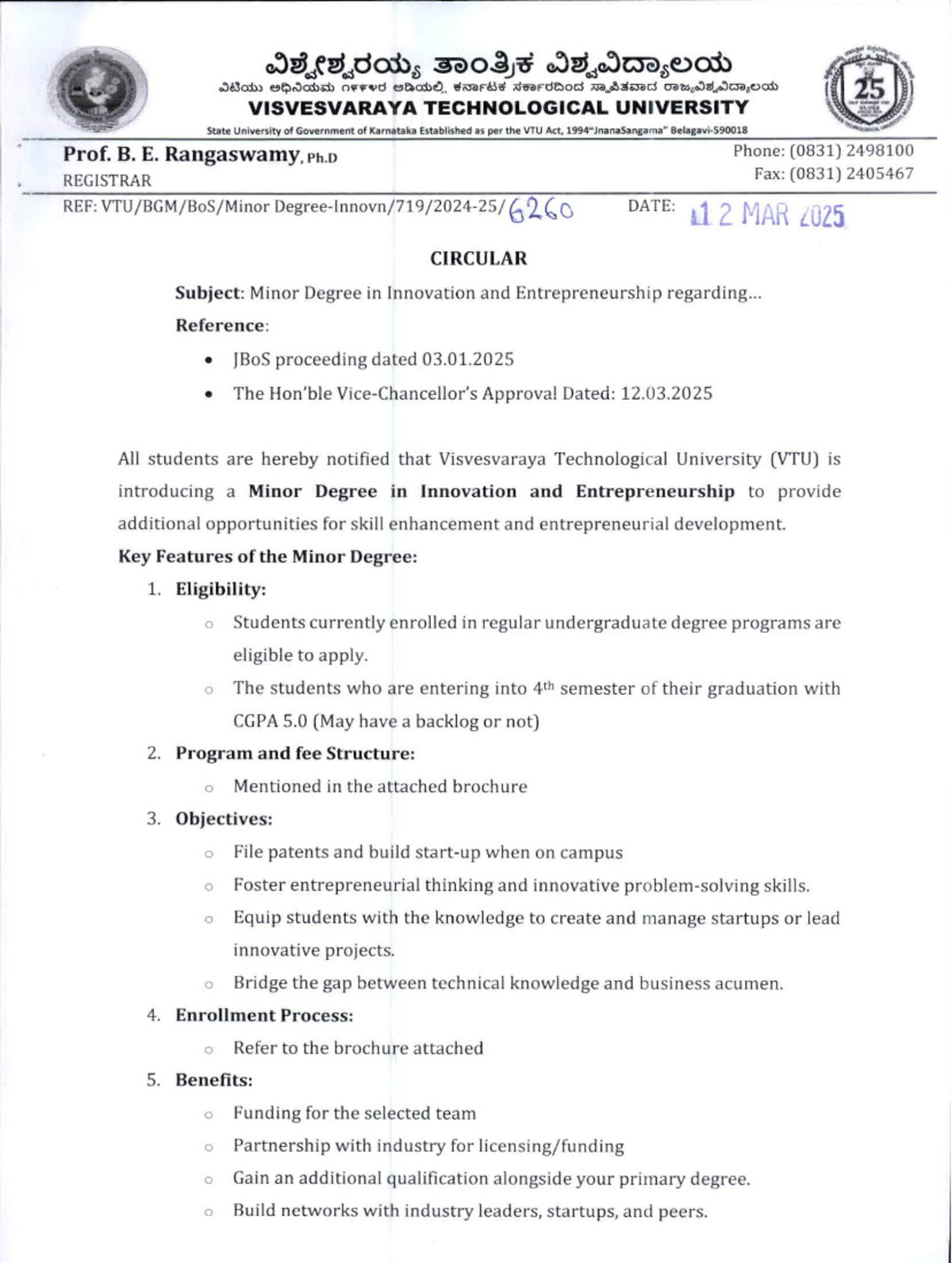 VTU 12.03.2025 Minor Degree Program in Innovation & Entrepreneurship - Studocu