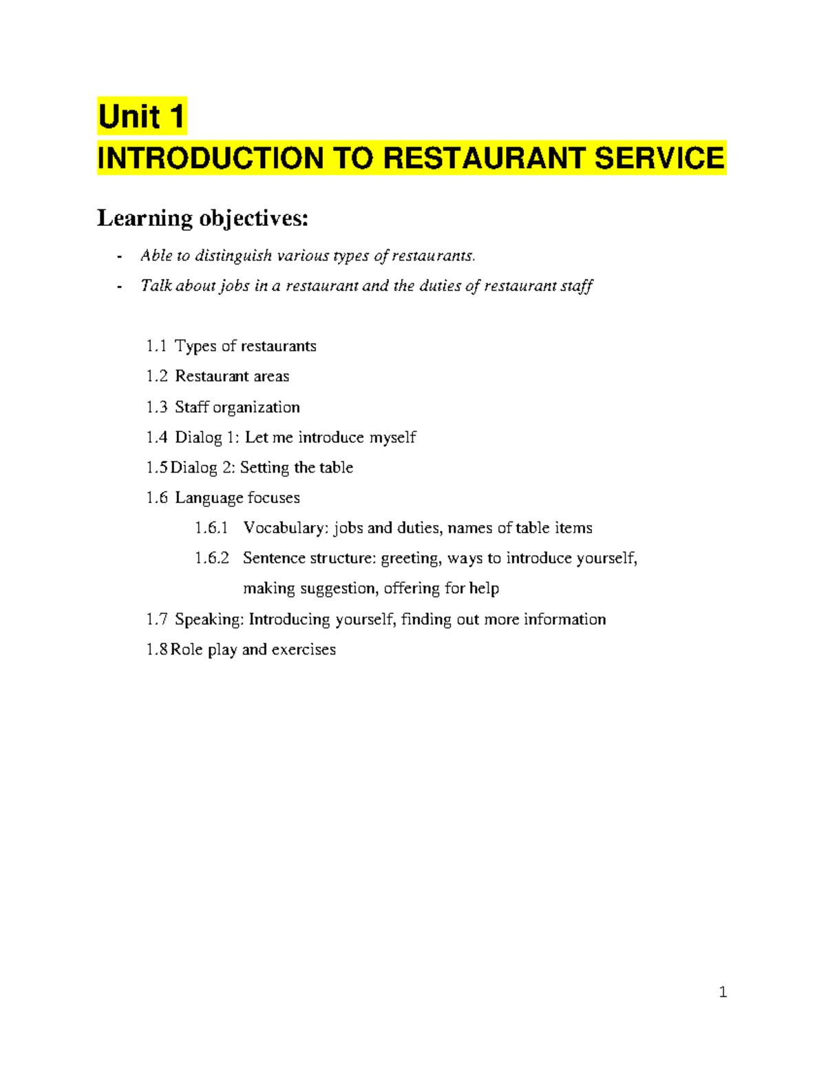 TAI LIEU F&B- Renew 2020 - Unit 1 INTRODUCTION TO RESTAURANT SERVICE ...