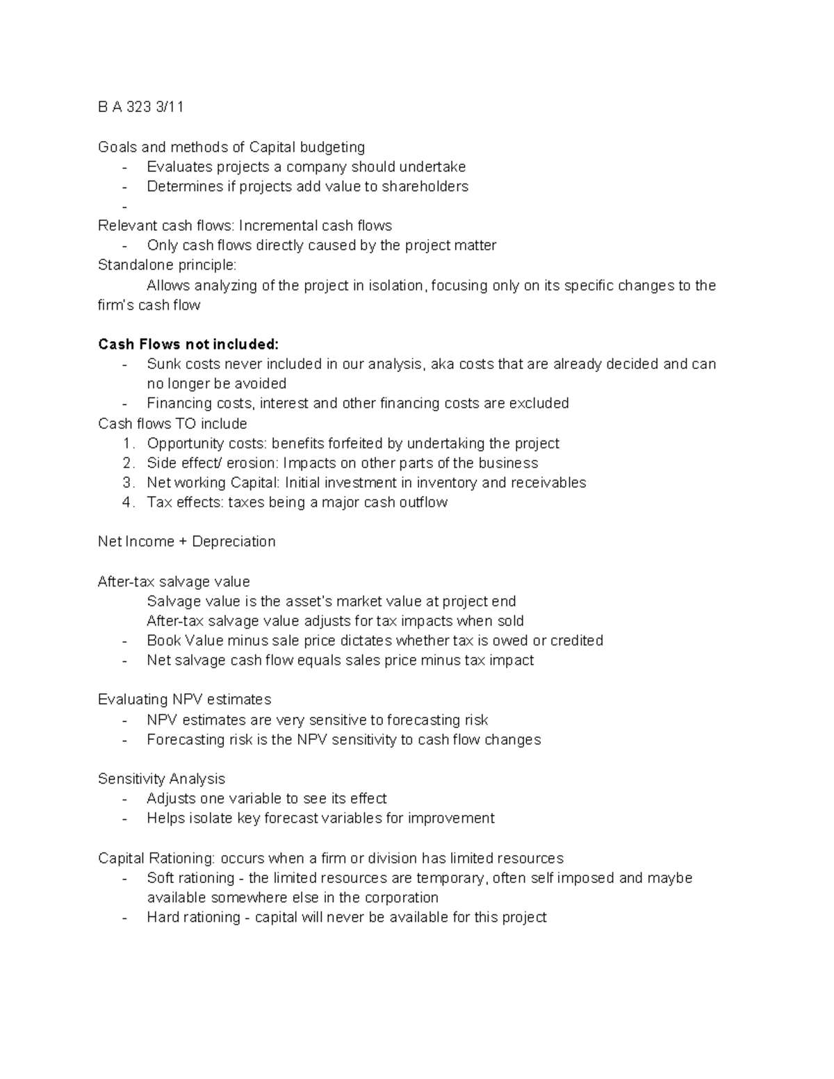 B A 323 Lecture: Capital Budgeting Goals & Methods - Studocu