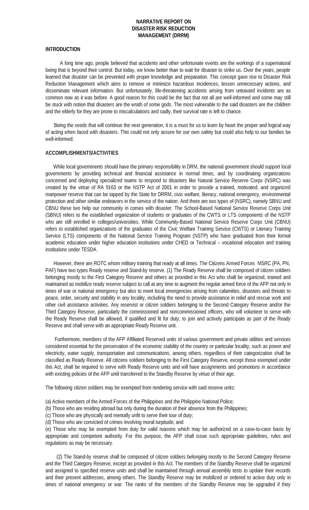 NARRATIVE REPORT ON DISASTER RISK REDUCTION MANAGEMENT (DRRM) - Studocu