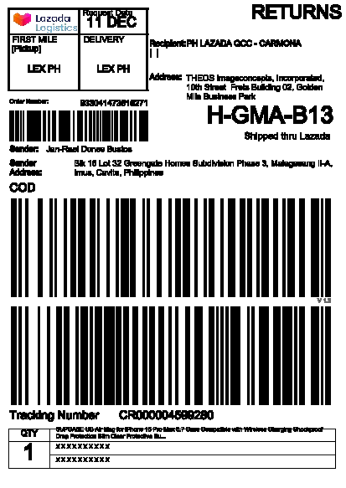 Lazada Returns Logistics Request - Return Label for Order ...